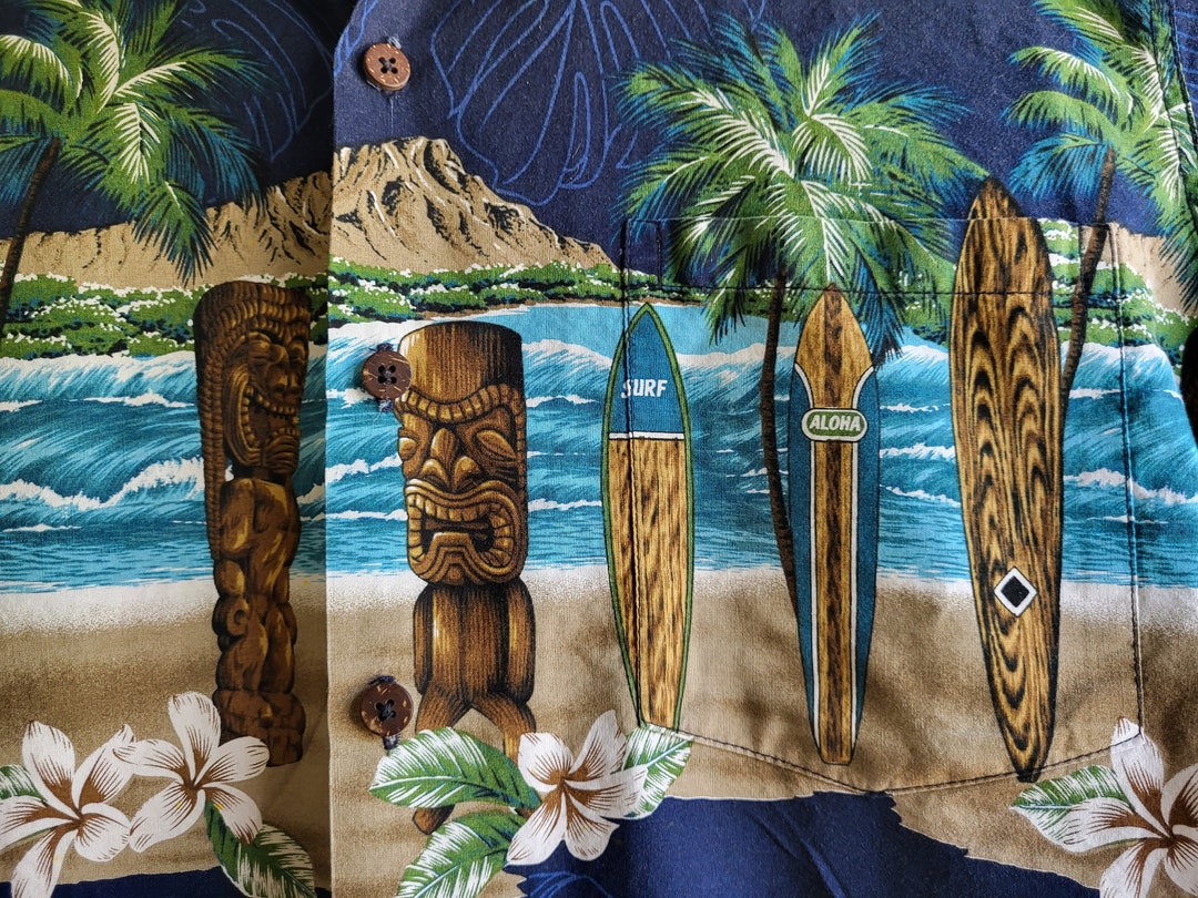 Vintage Hawaiian Shirt: Surfboards, Tiki Statues, Coconut Buttons ...