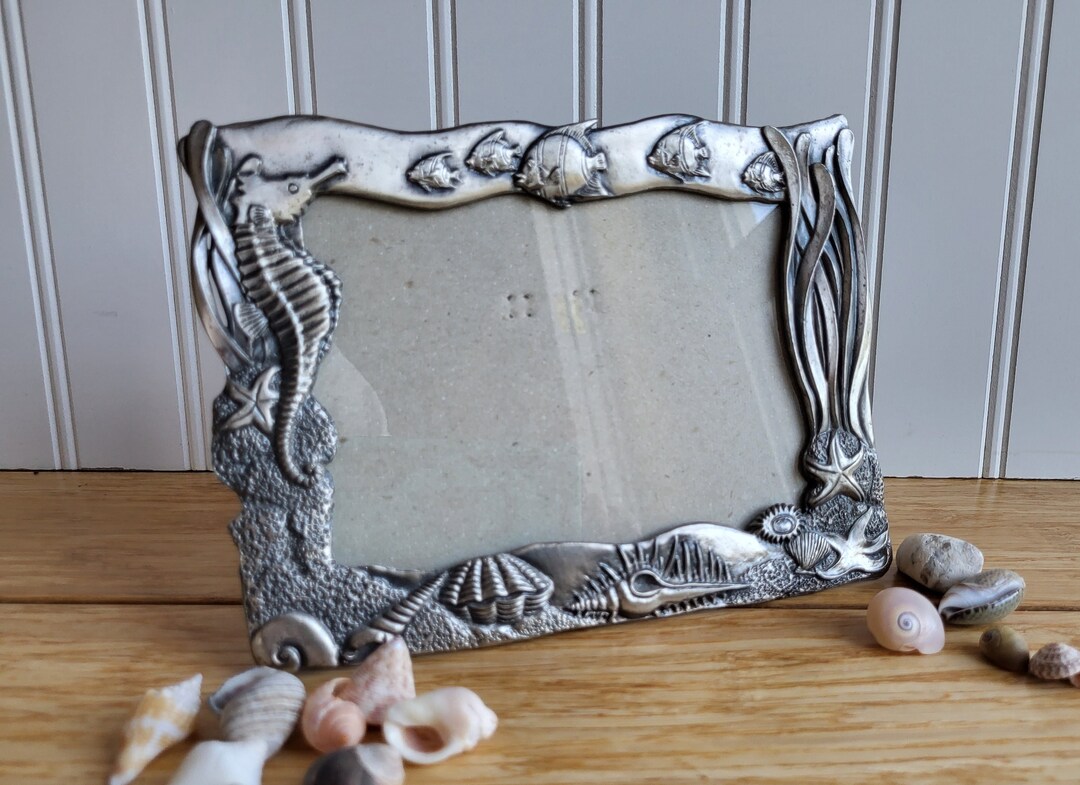 VINTAGE PEWTER FRAME 5 X 7 Sea Life Frame Standing Frame Vintage Silver ...