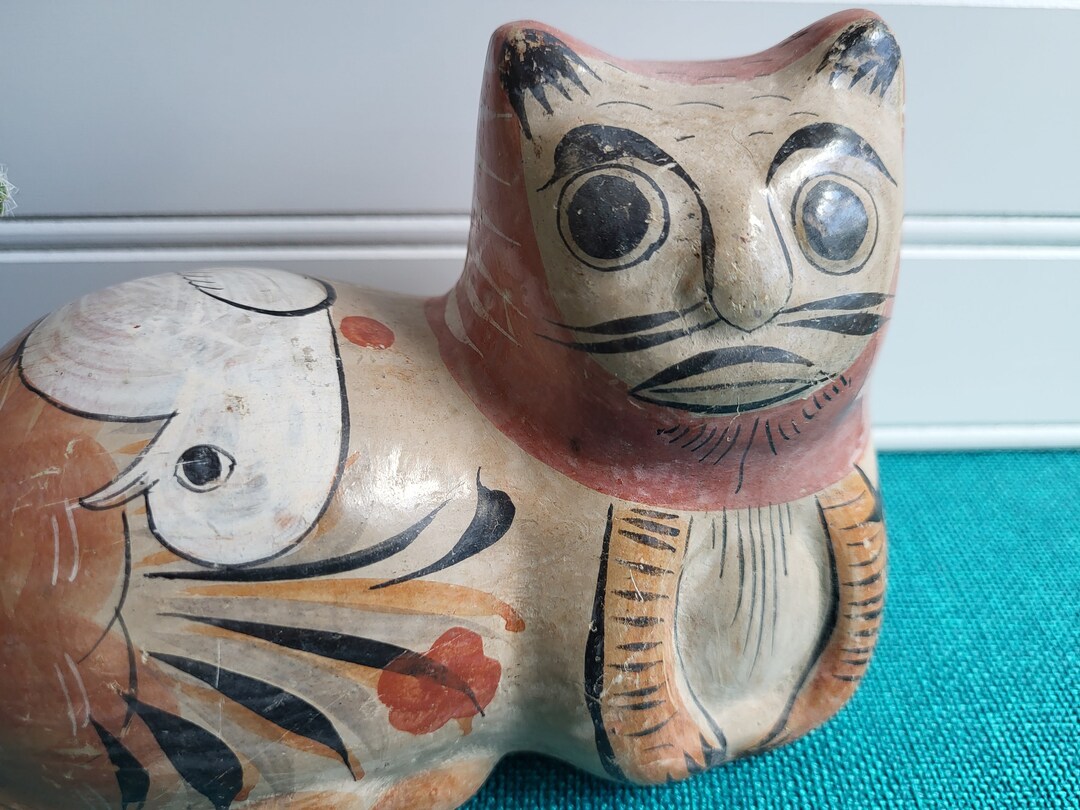 VINTAGE MEXICAN POTTERY Cat Tonala Pottery Folk Art Cat Hand Painted ...