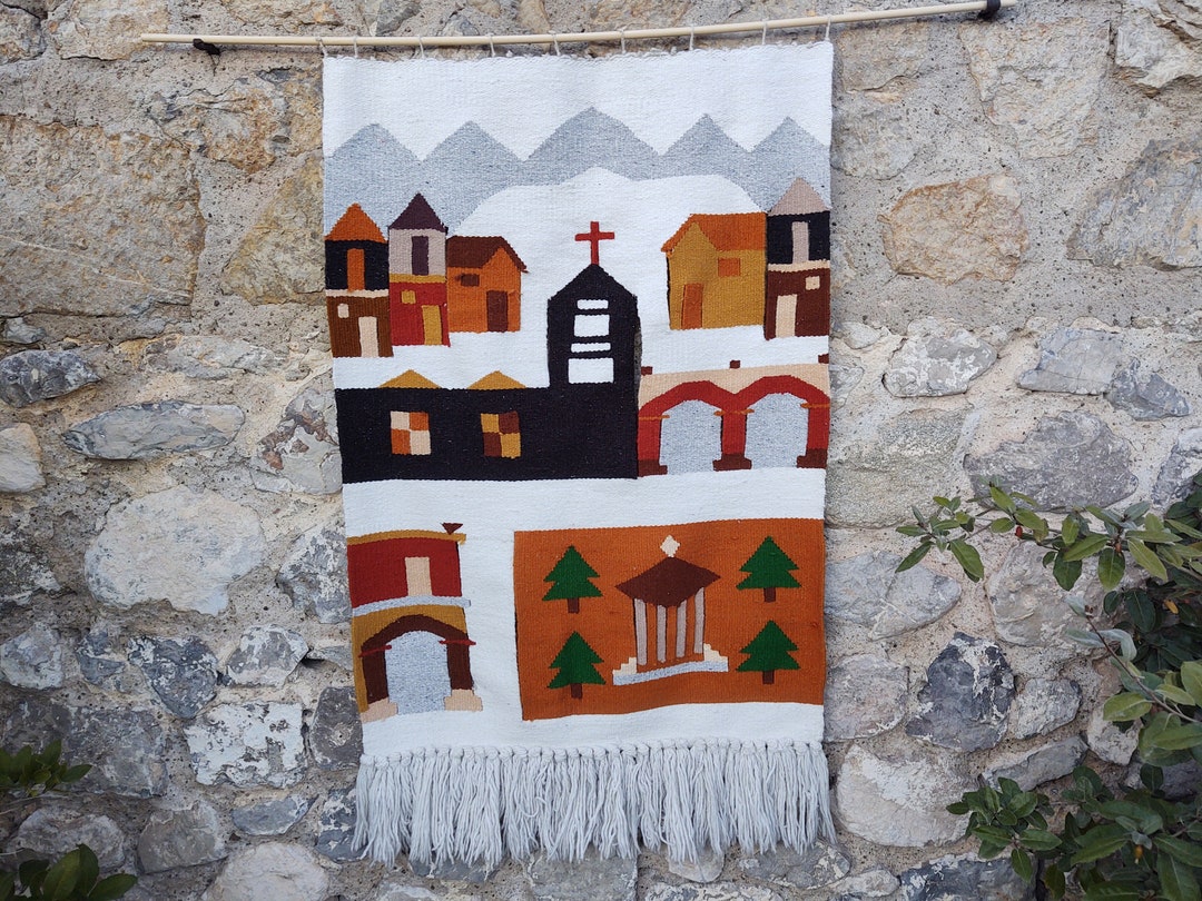 MEXICAN WALL HANGING 29 X 48 Split Weave Mountain Mission Village ...