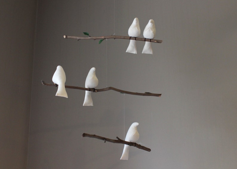 Bird Mobile 5 Birds on 3 Tier Mobile Natural Linen Birds | Etsy