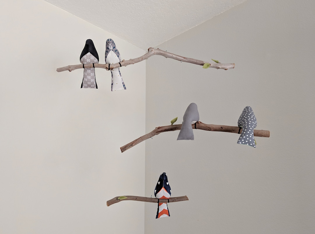 Bird Mobile - 5 Birds on 3 Tier Mobile - Gray, Blue, White, Orange ...