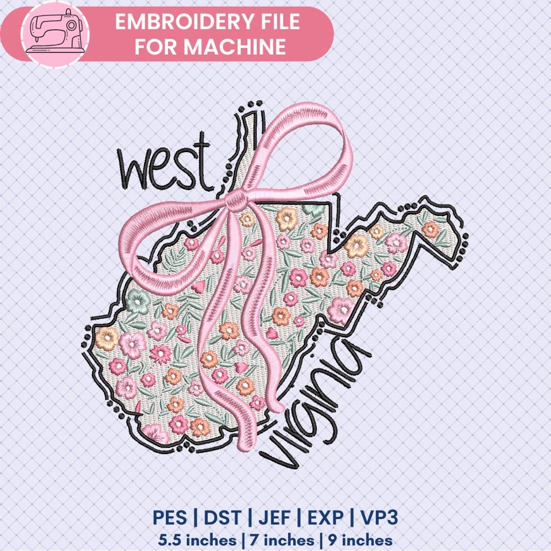 West Virginia Floral Embroidery Design, Coquette Bow West Virginia ...