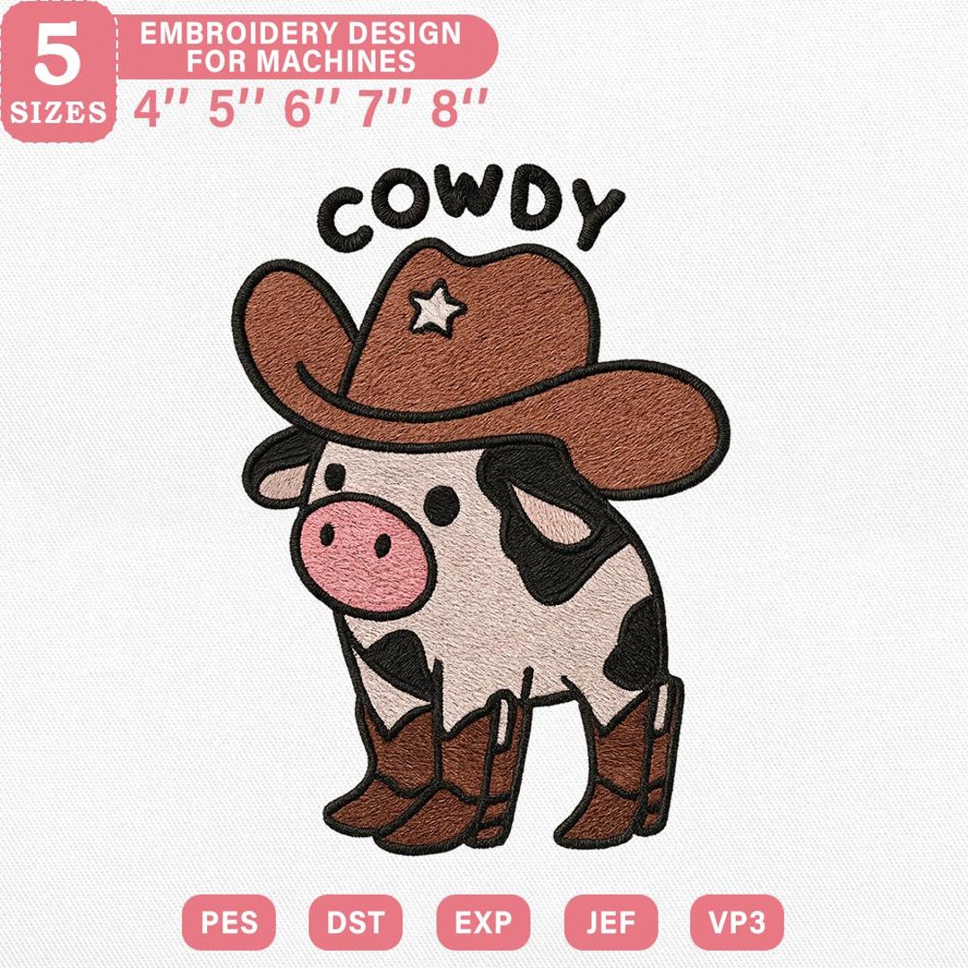 Cowboy Cow Embroidery Design, Western Howdy Cute Farm Animal With Hat ...