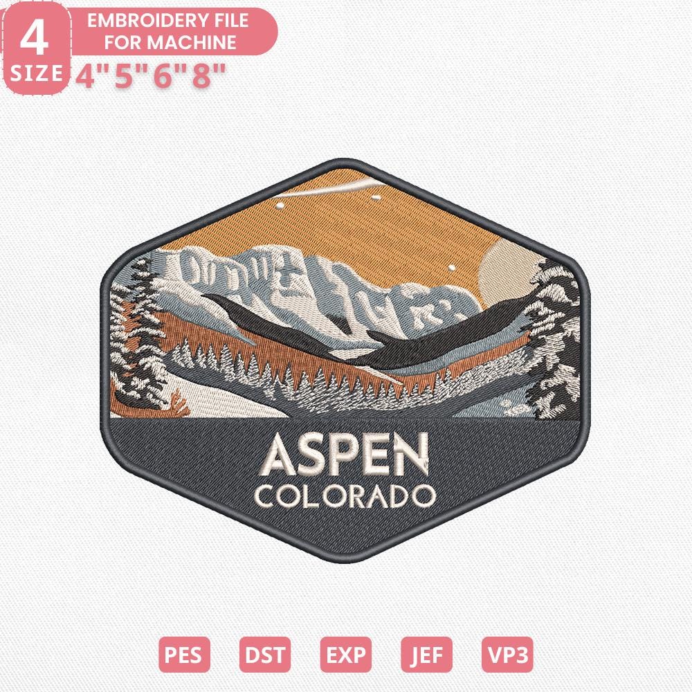 Aspen Colorado Embroidery Design, Snowy Mountain and Ski Resort Scene ...