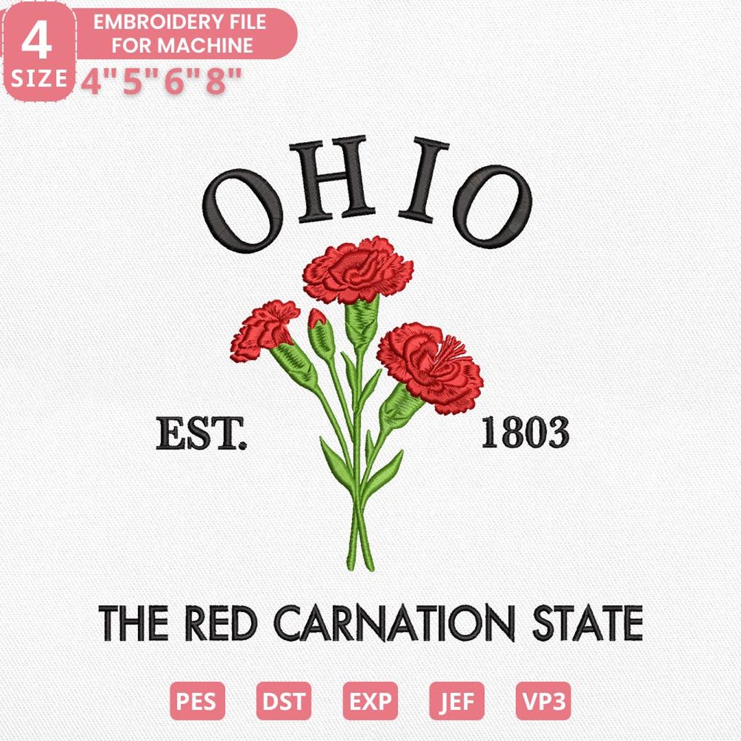 Ohio Embroidery Design, Ohio Flower Red Carnation Machine Embroidery ...