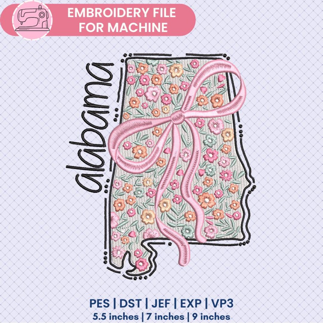 Alabama Floral Embroidery Design, Coquette Bow Alabama State Machine ...