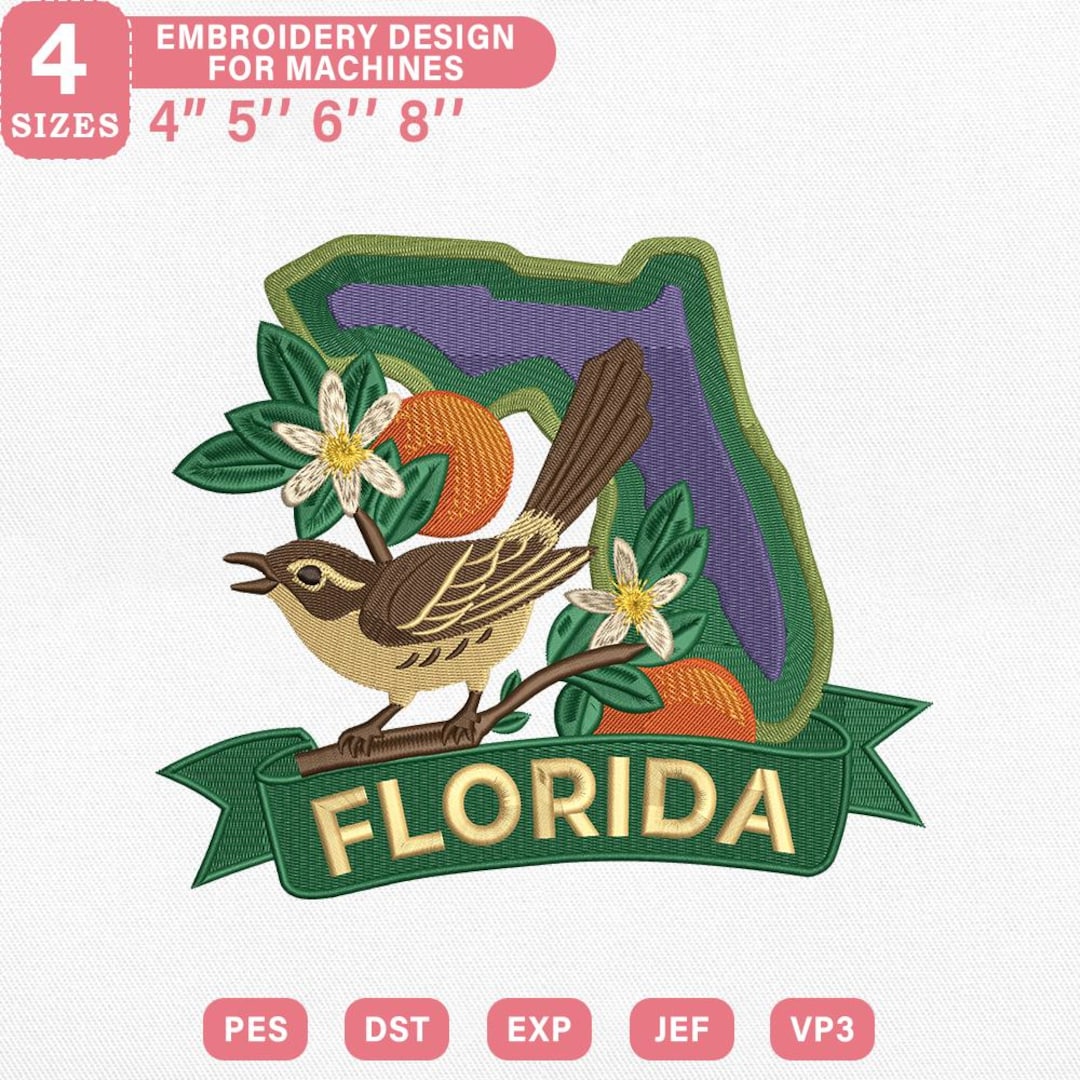 Florida State Embroidery Design, Mockingbird Orange Blossom and Fruit ...