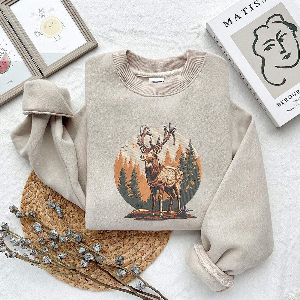Stunning Deer Embroidery Design, Detailed Deer in Wildlife Scene ...