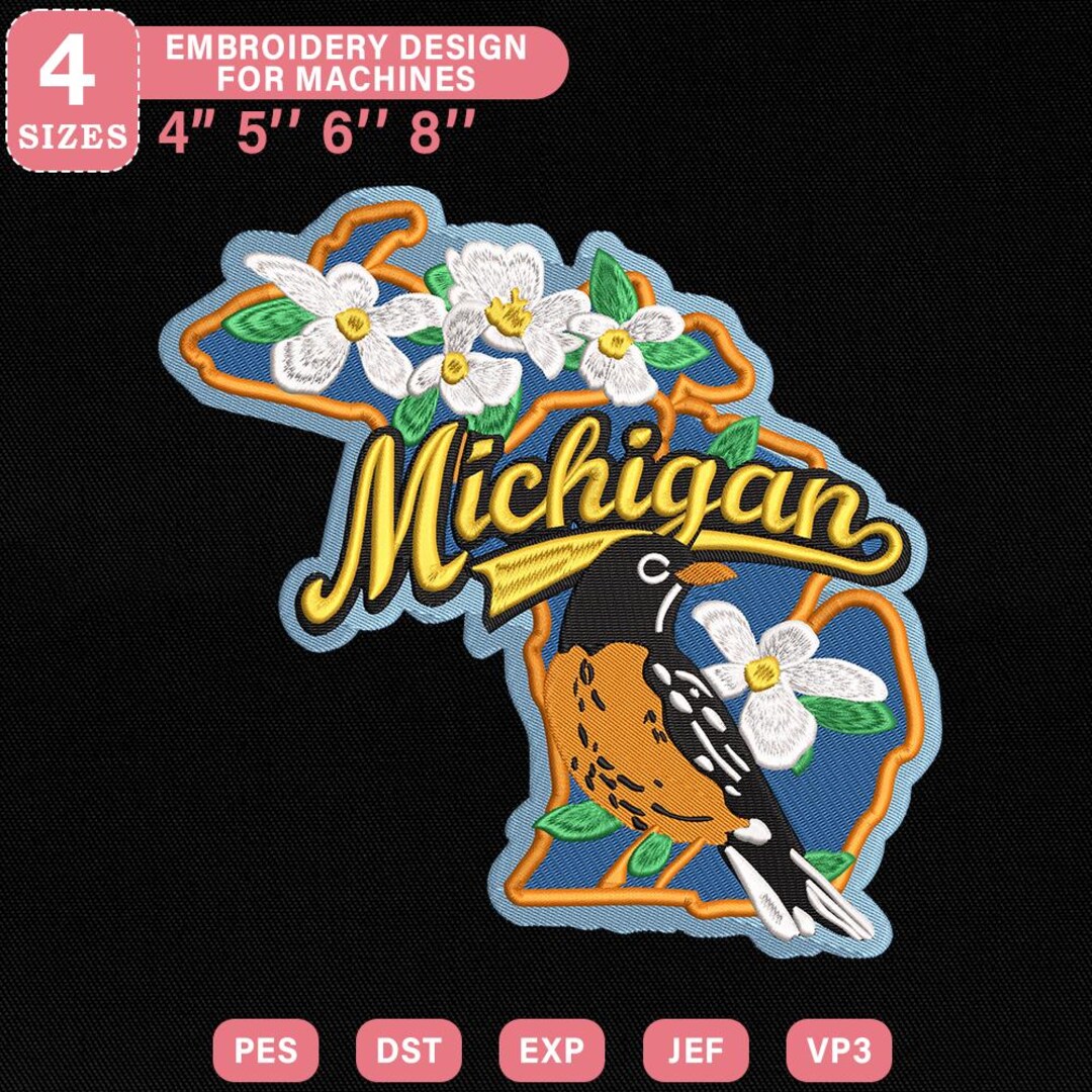Michigan State Embroidery Design, Robin Bird and Apple Blossom Flower ...