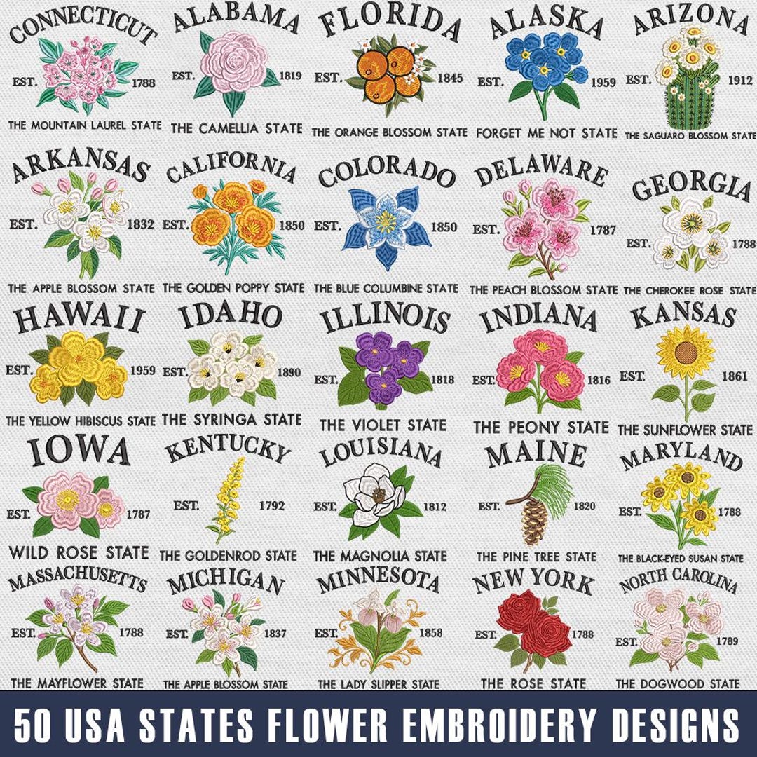 50 USA State Flowers Embroidery Design, Flower State Machine Embroidery ...