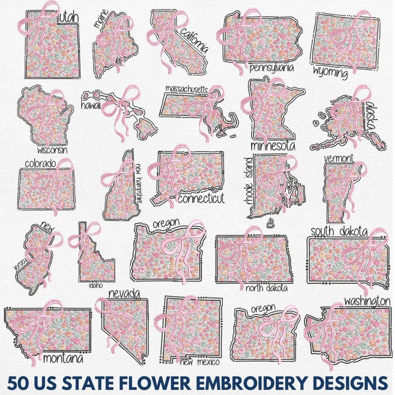 50 US States Bundle, 50 American States Embroidery Designs, 50 American ...