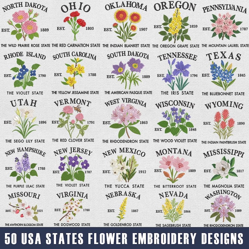 50 USA State Flowers Embroidery Design, Flower State Machine Embroidery File, Girly State ...