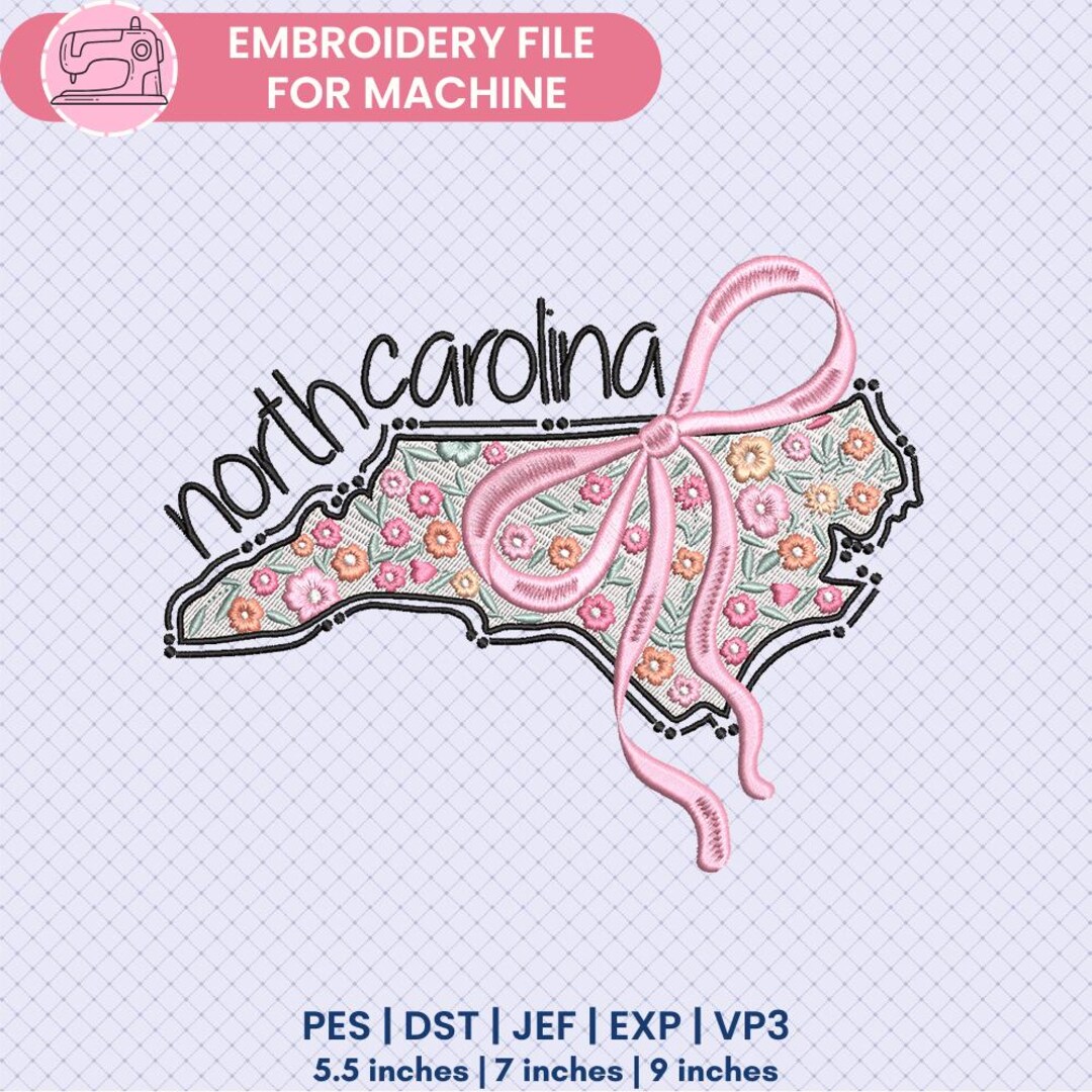 North Carolina Floral Embroidery Design, Coquette Bow North Carolina ...