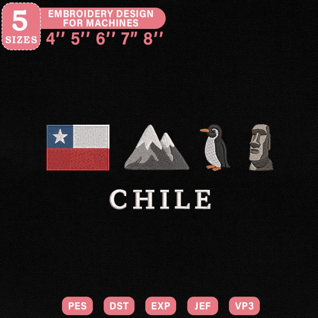 Chile Embroidery Design, Flag Mountain Penguin Moai Icons Cultural ...