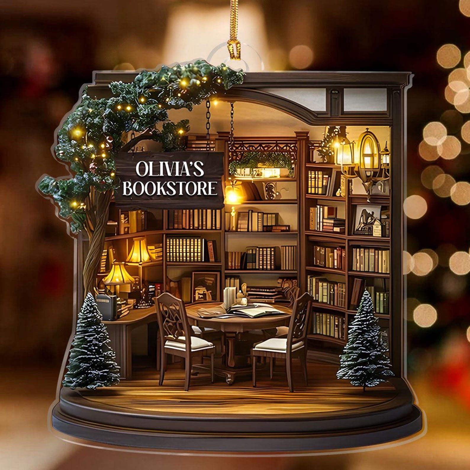 Personalized Bookstore Acrylic Ornament, Custom Name Cozy Library Scene ...
