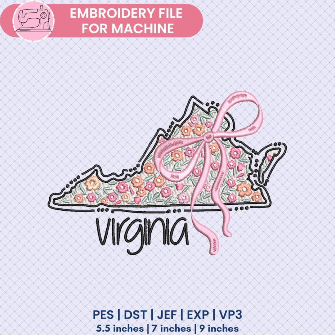 Virginia Floral Embroidery Design, Coquette Bow Virginia State Machine ...