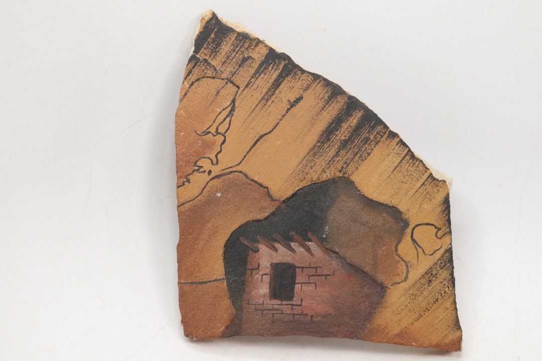 Vintage Hand Painted Cliff Pueblo on Flagstone - Navajo Painting ...