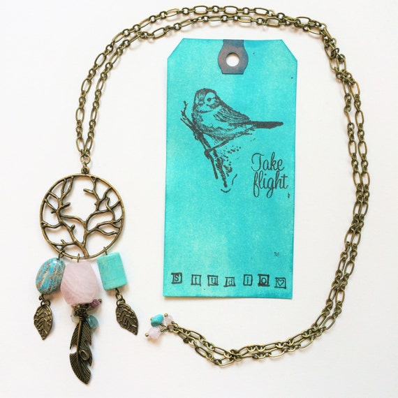 Bohemian Tree of Life Leaves & Feather Long Chain Necklace | Etsy