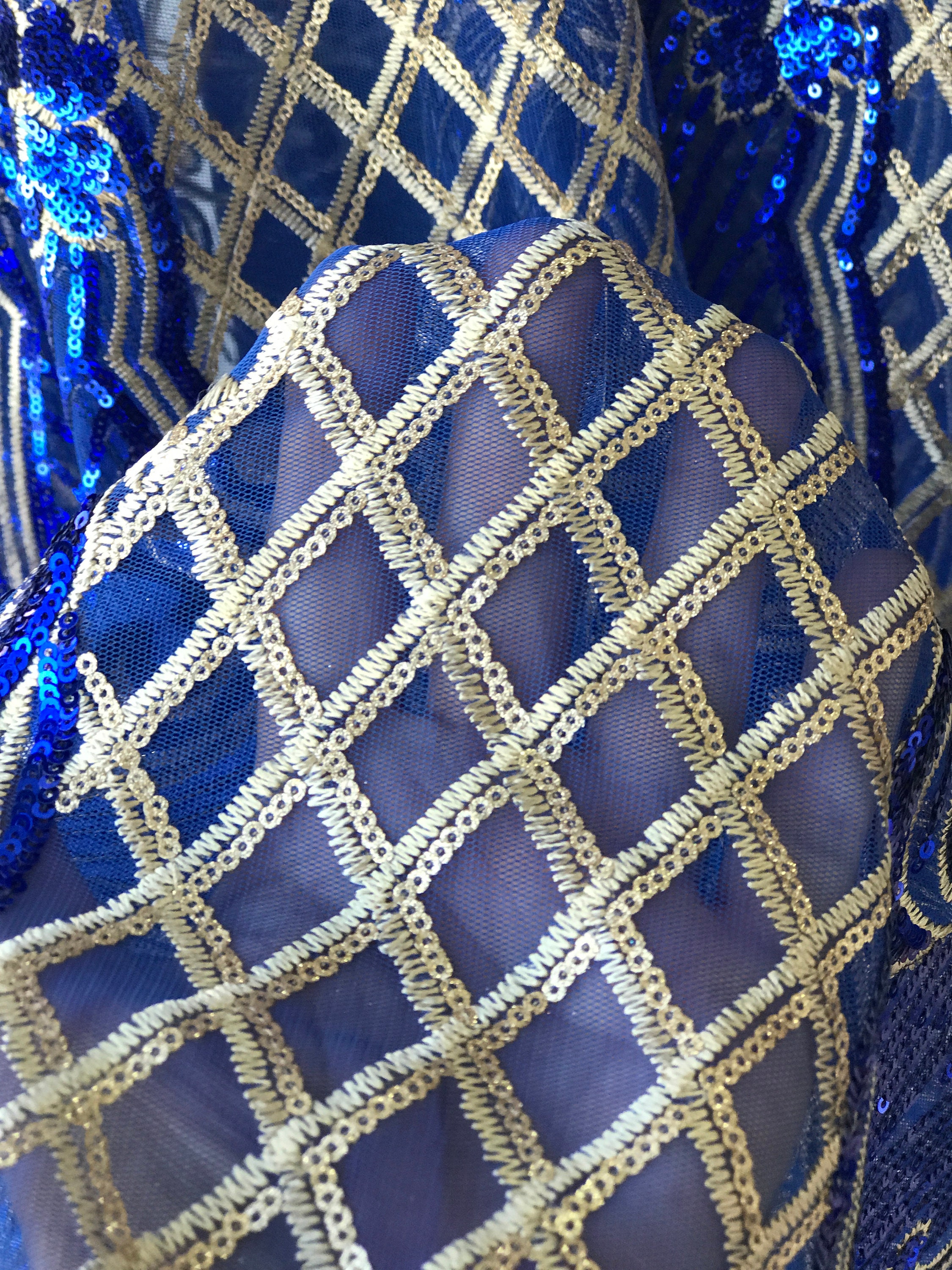 Gold on Cobalt Blue Sequins Lace Fabric Baroque Design Evening Dress ...
