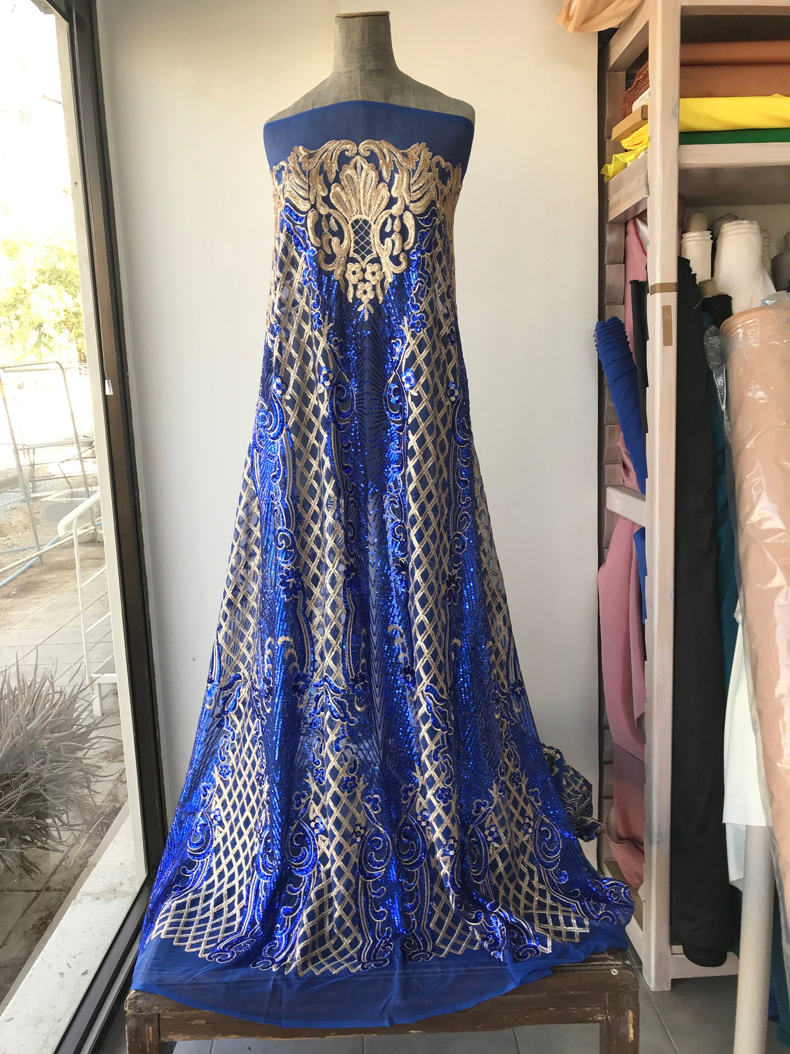 Gold on Cobalt Blue Sequins Lace Fabric Baroque Design Evening Dress ...