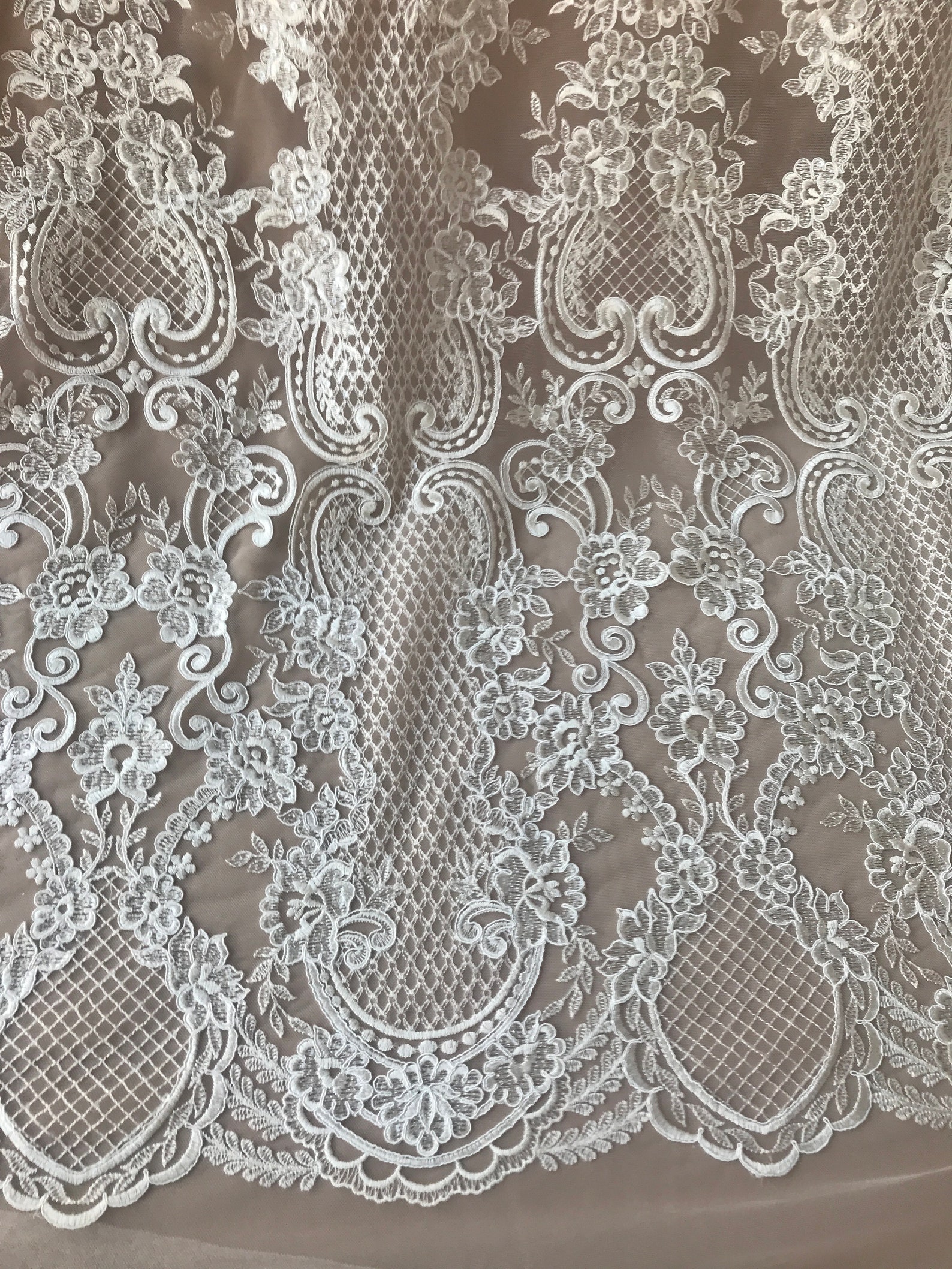 White corded lace fabric Baroque design lace clear sequins | Etsy