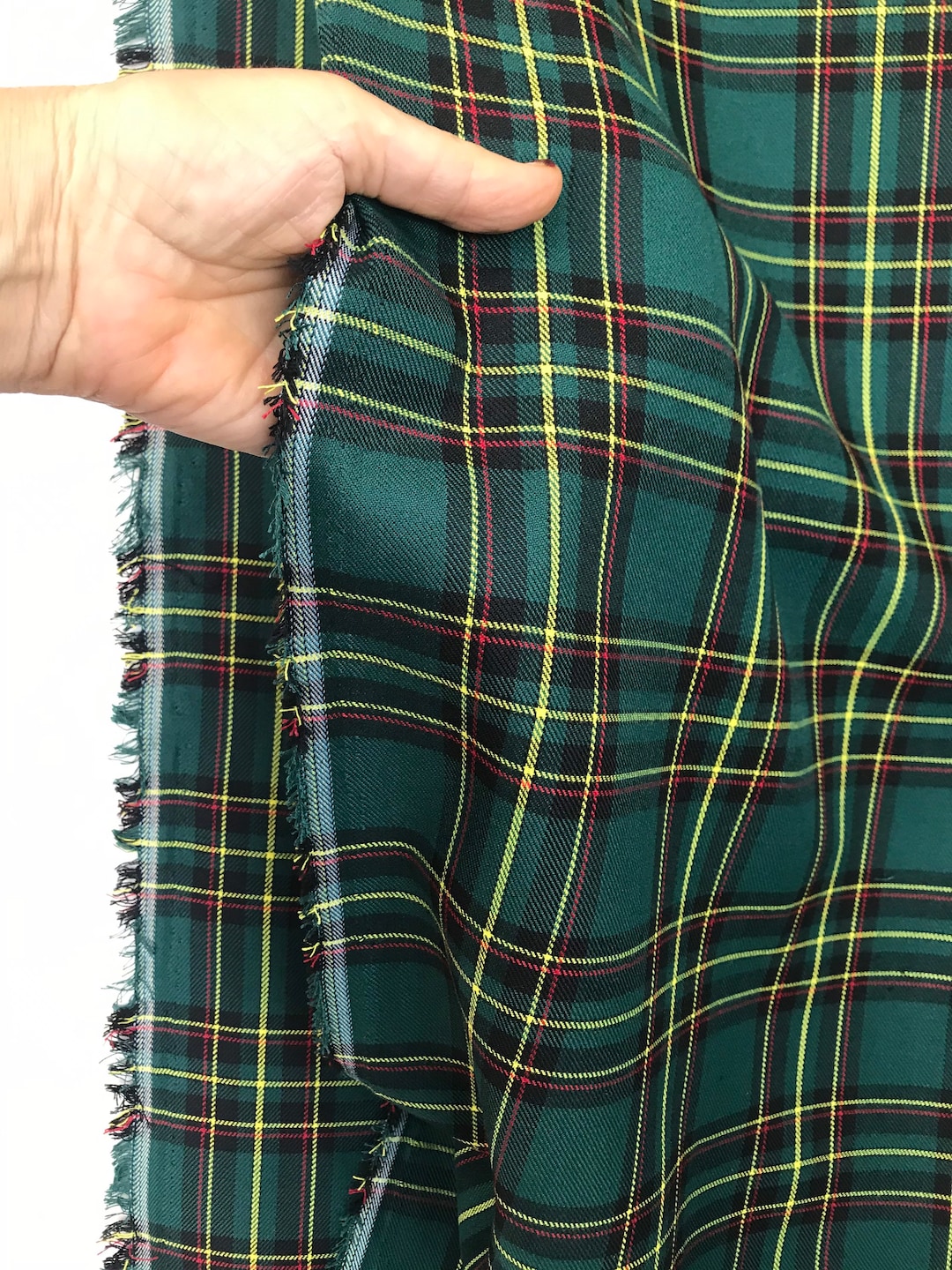 Green Tartan Fabric, Poly Viscose Tartan, Green Yellow Black Tartan ...