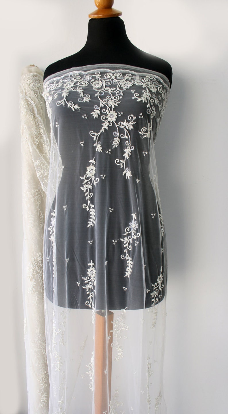 Bridal Lace Fabric Beaded Tulle Cream Color Embroidery Beads Sequins ...