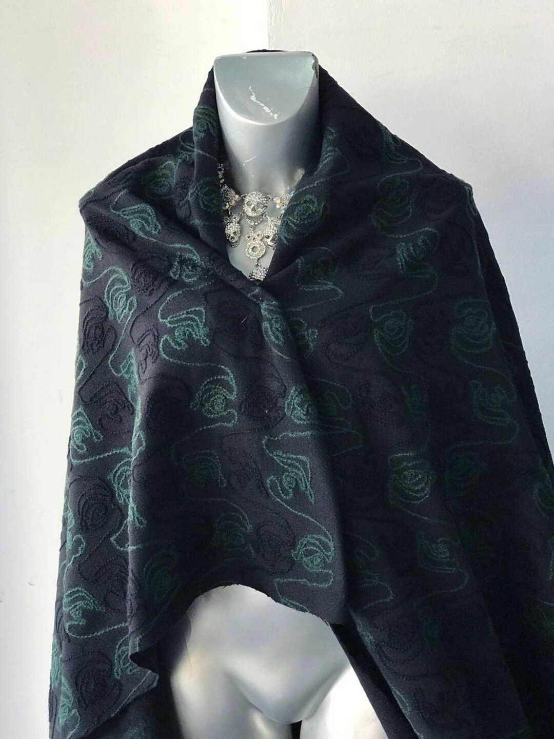 Green on Black Fancy Wool Embroidery Velour Flock Cape Coat Jacket ...