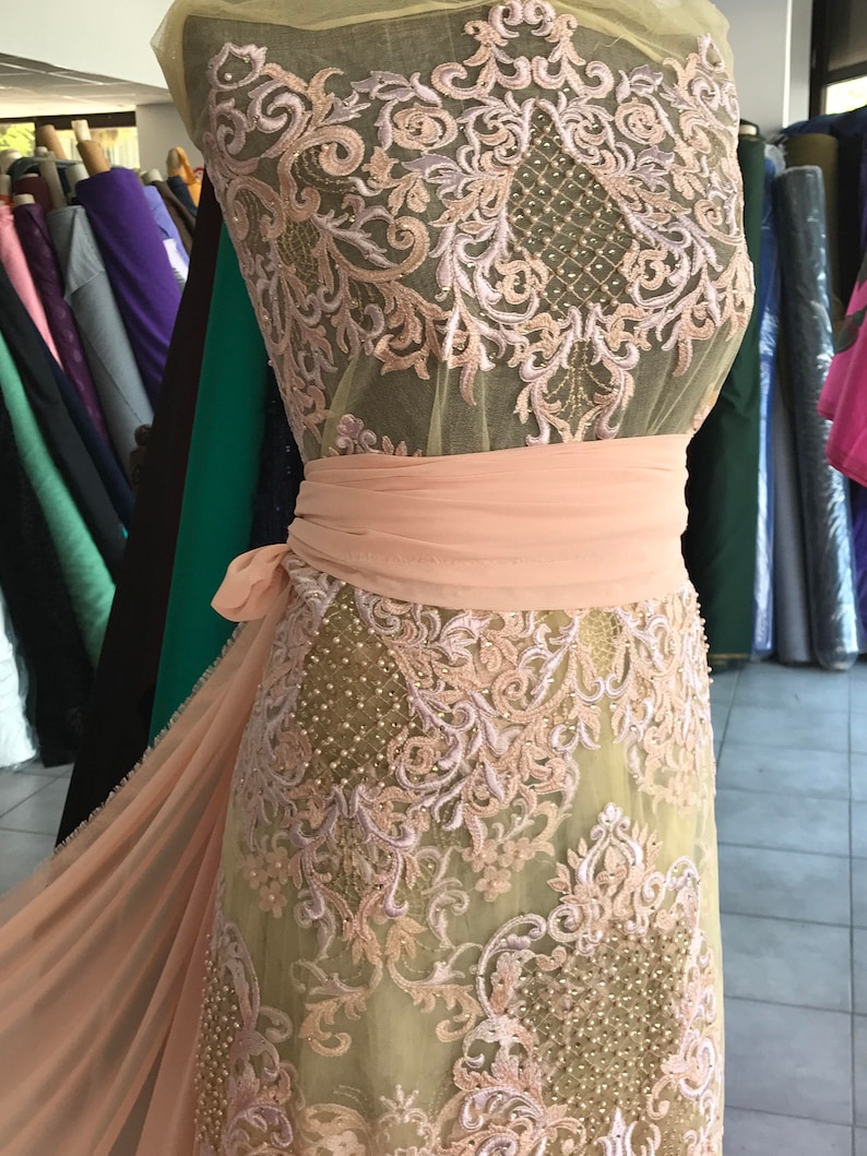 Plush Peach Pink Lilac Gold Embroidered Lace Fabric Baroque Design Hand ...