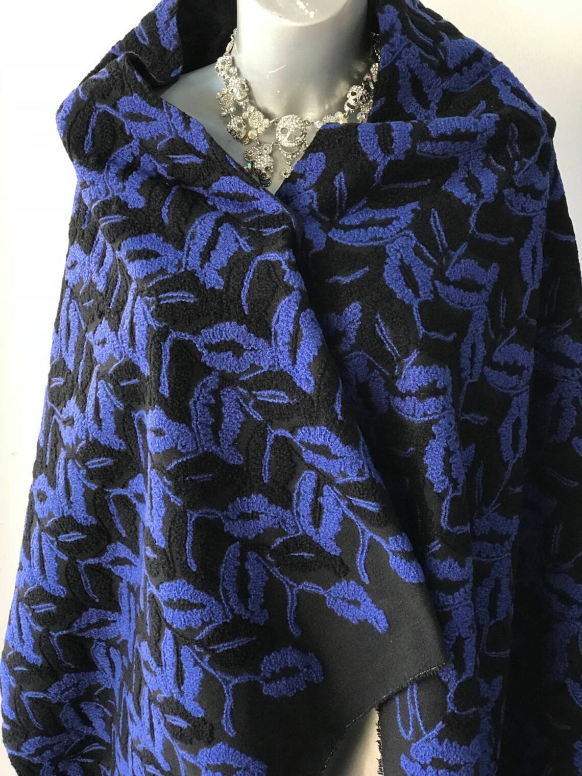 Blue on Black Fancy Wool Embroidery Velour Flock Cape Coat Jacket Skirt ...