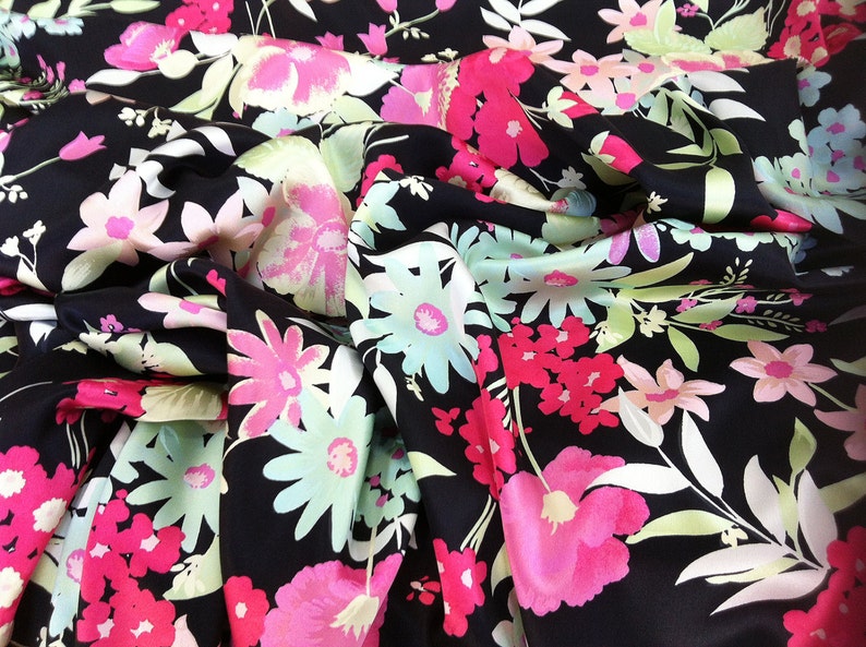 Large Floral Print Silk Satin Fabric 2 Way Stretch Silk Elastane ...