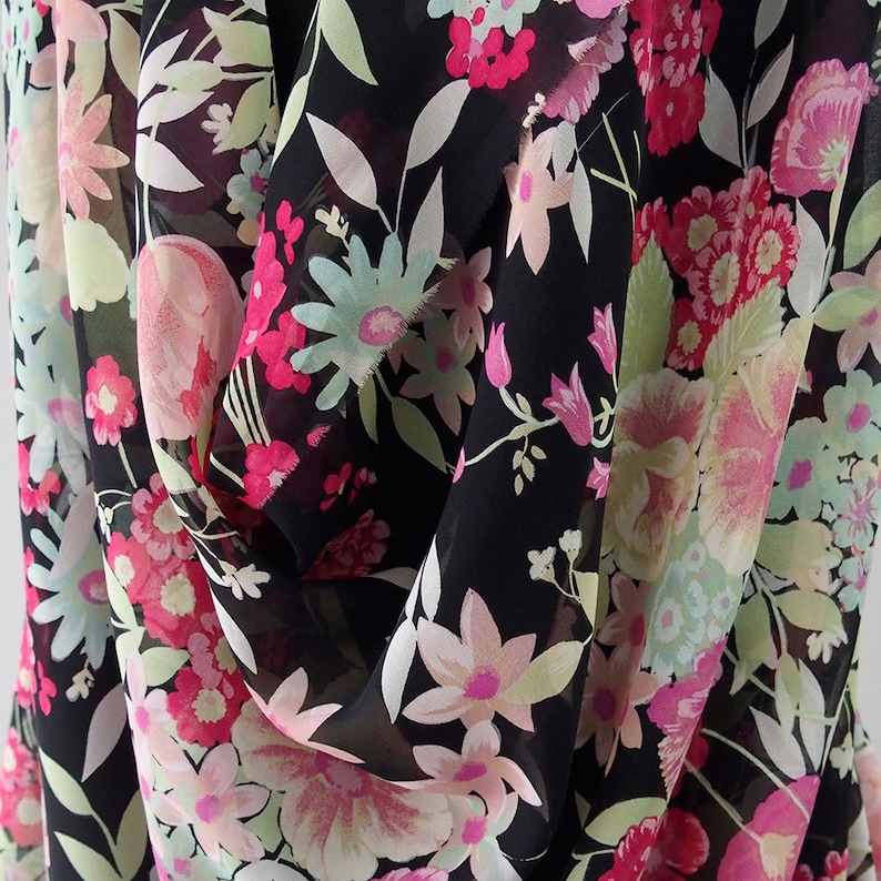 Silk Chiffon Print Fabric Large Floral Print Black Background - Etsy