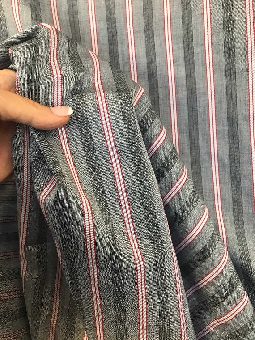 Striped Cotton Shirt Fabric Shirting 100% Cotton Grey With Red Stripes ...