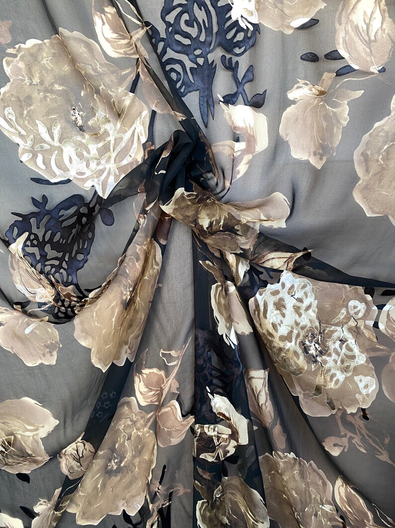 Silk Devore Burnout Fabric Beige Brown Roses on Black Floral | Etsy