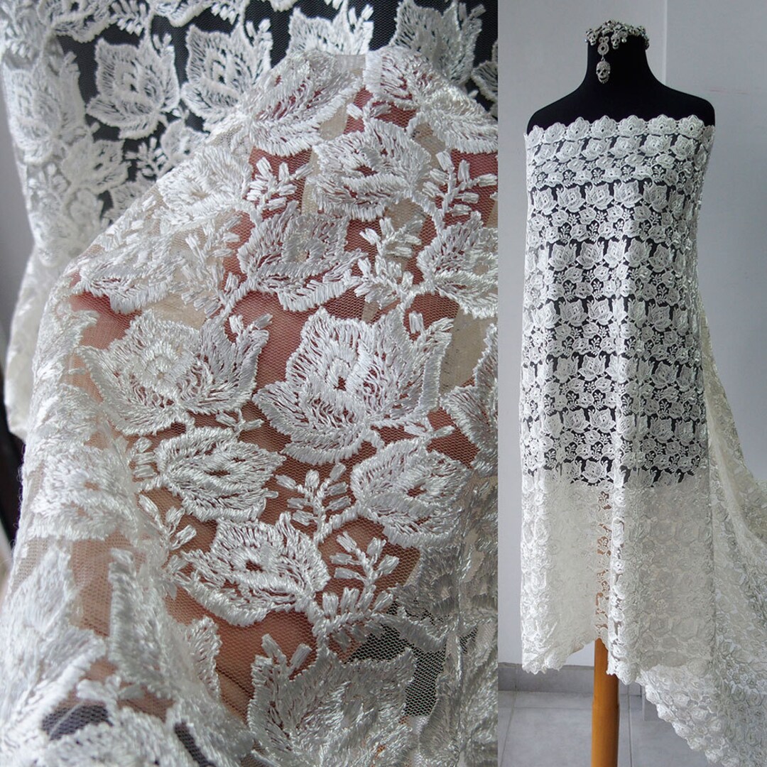 Cream Ivory Buttermilk Color Lace Fabric Floral Embroidery Tulle ...