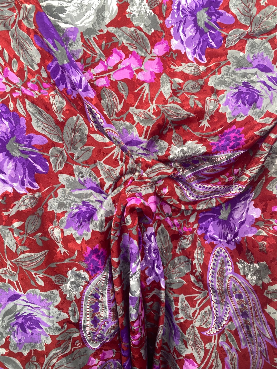 Roses and Paisley Summer Dress Fabric Polyester Jacquard Red Burgundy ...