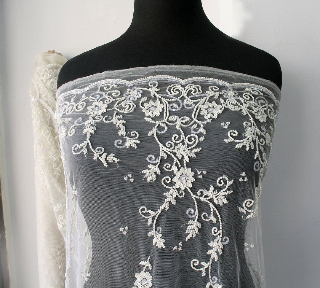 Bridal Lace Fabric Beaded Tulle Cream Color Embroidery Beads Sequins ...