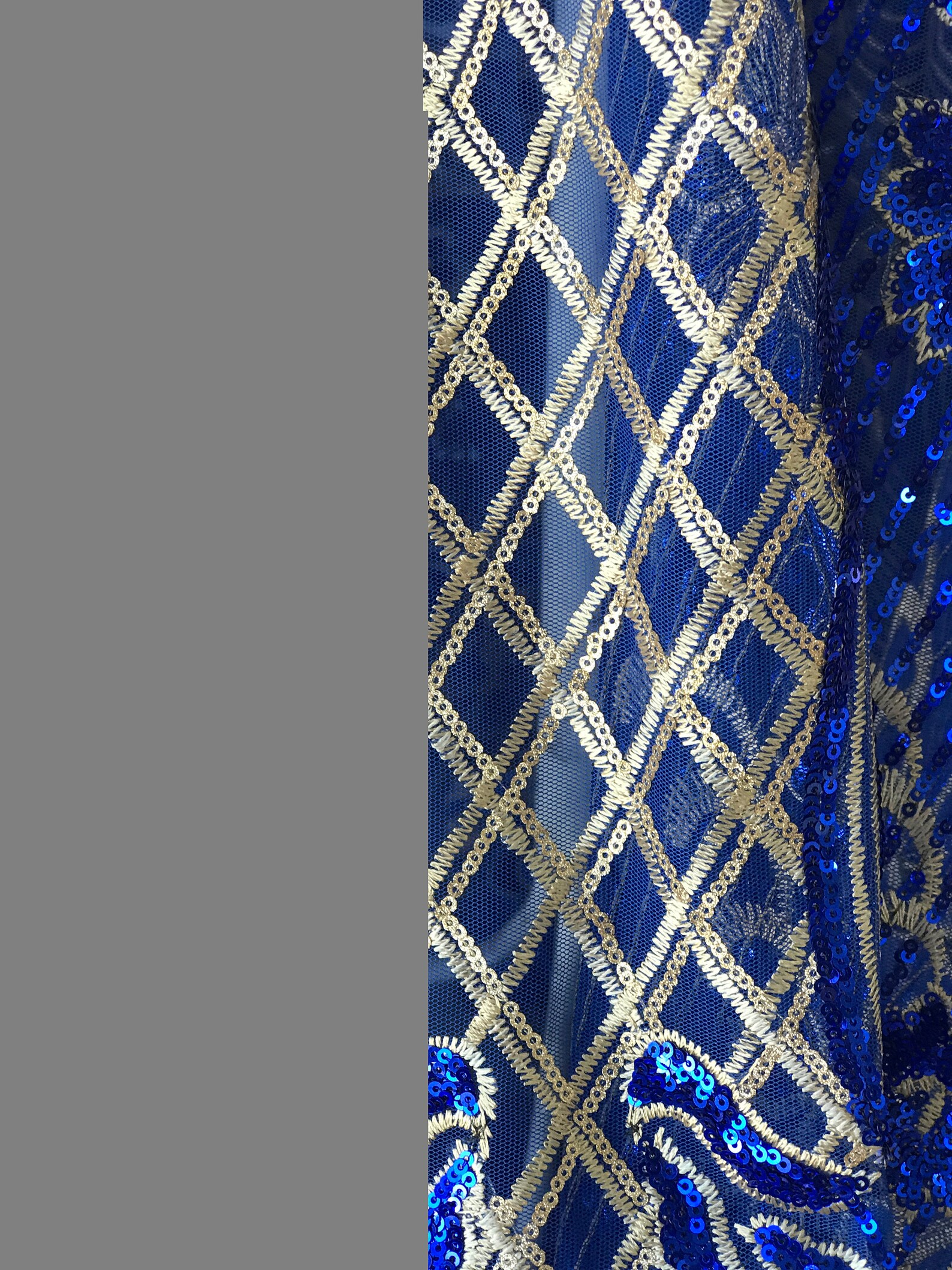 Gold on Cobalt Blue Sequins Lace Fabric Baroque Design Evening Dress ...