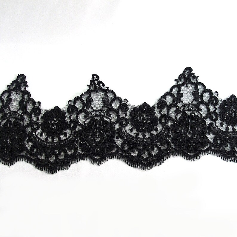 Black Scallop Edge Beaded Border Edging Trim Corded Lace | Etsy