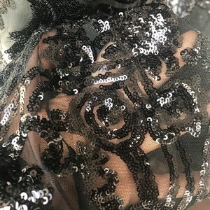 Black Beaded Lace Fabric, Black Sequins on Black Tulle, Baroque Design ...