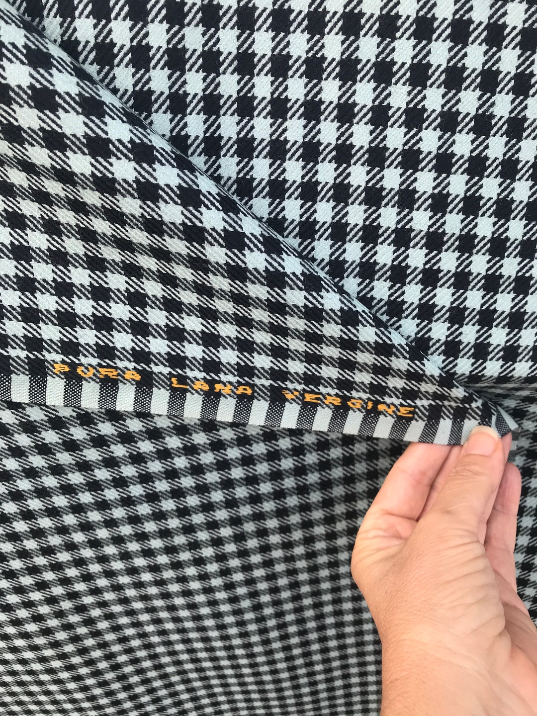 Baby Blue on Black Wool Check Fabric , Pure Wool Made in Italy Suiting ...
