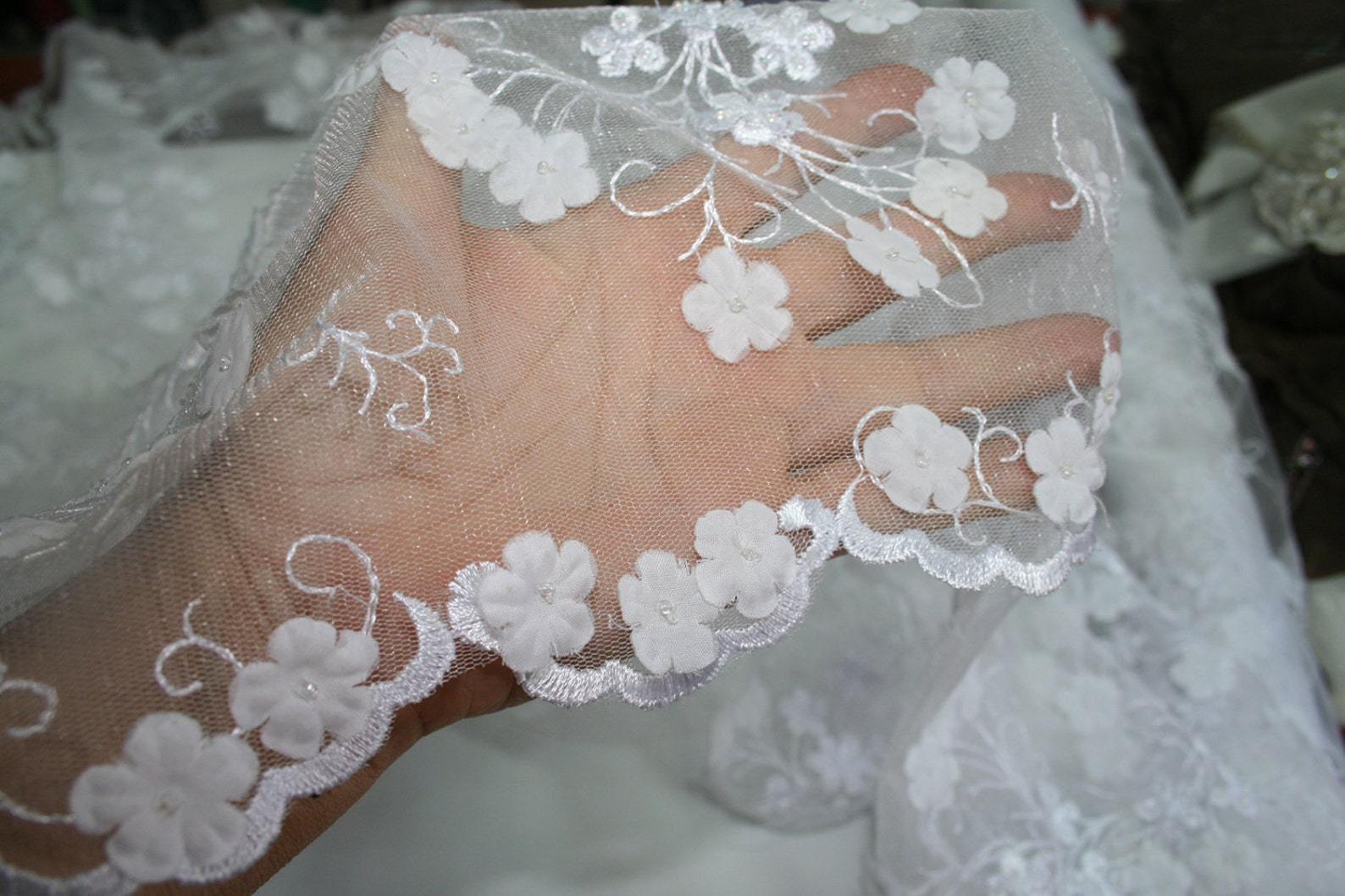 White Tulle, Netting Embroidered 3D Flowers Fabric for Bridal Veils ...