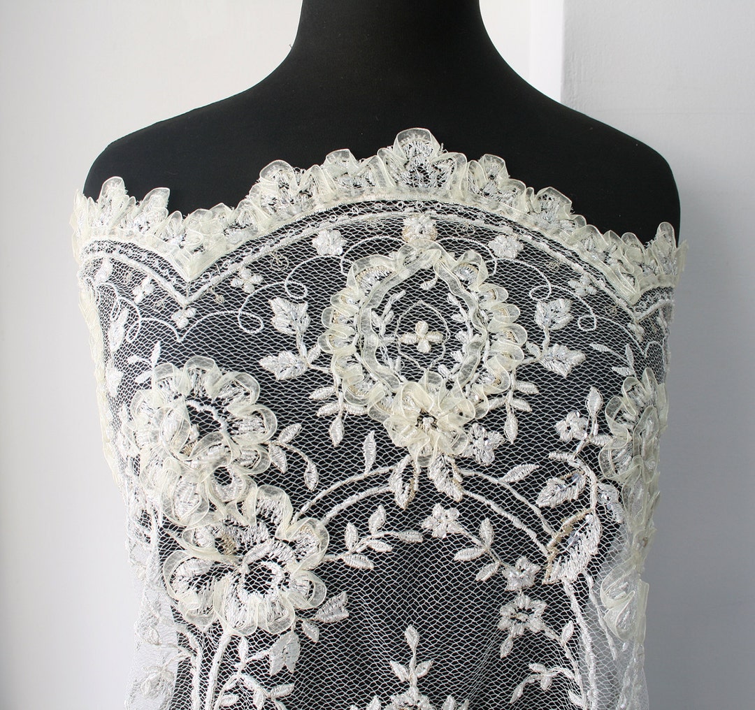 Bridal Lace Fabric Ivory Cream Tulle Embroidered With Ribbons Scalloped ...