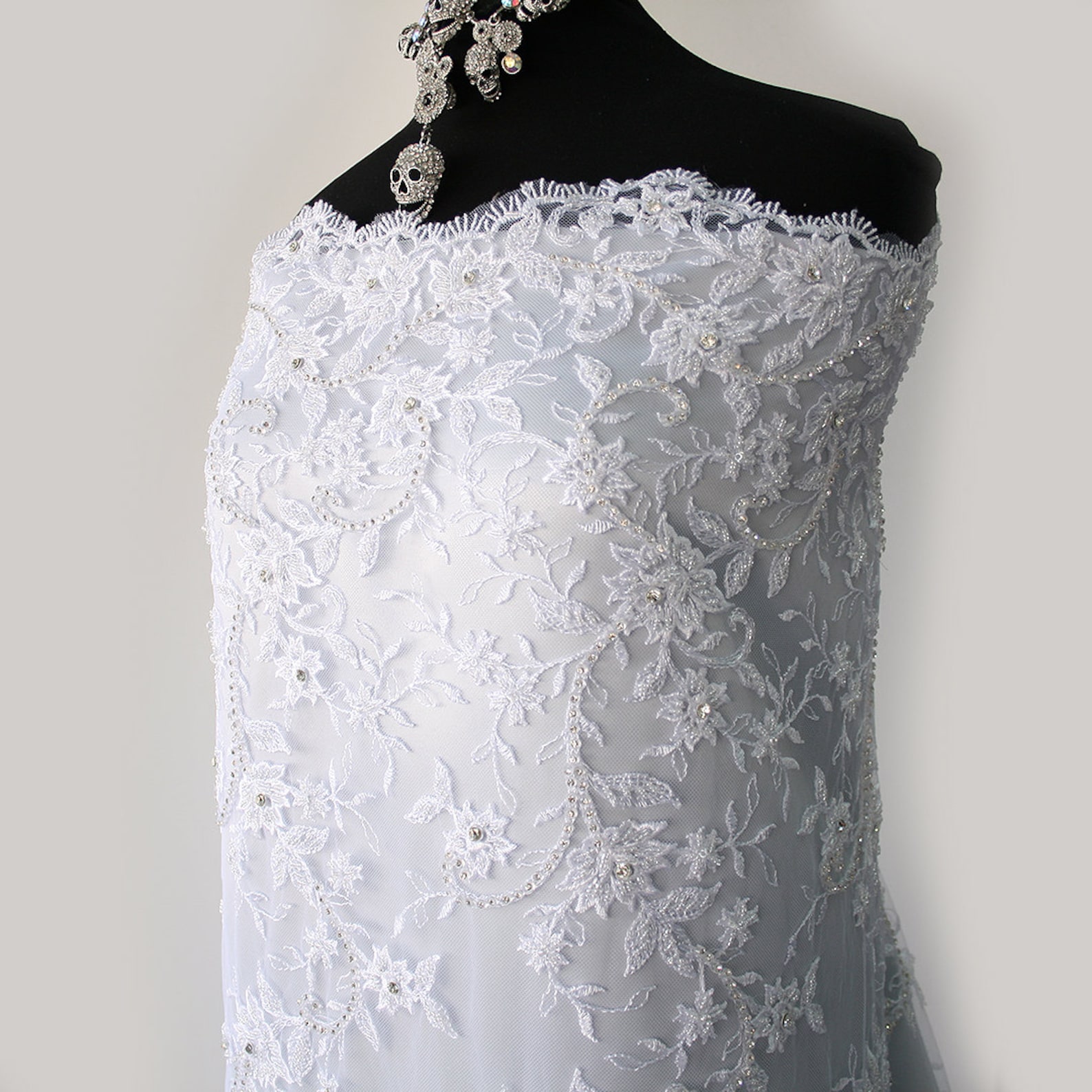 White Bridal Lace Fabric, White Wedding Dress Lace Fabric, Scallop Edge ...