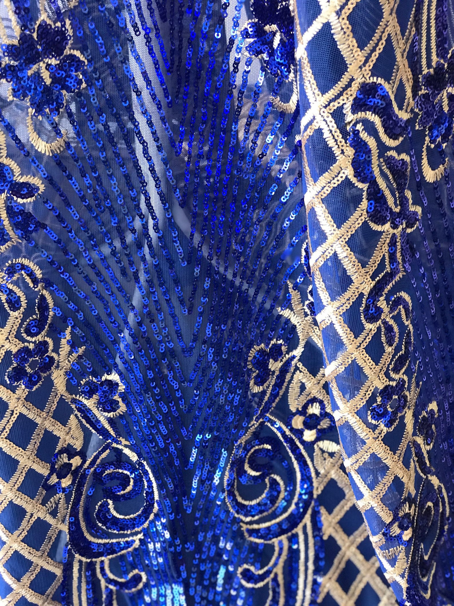 Gold on Cobalt Blue Sequins Lace Fabric Baroque Design Evening Dress ...