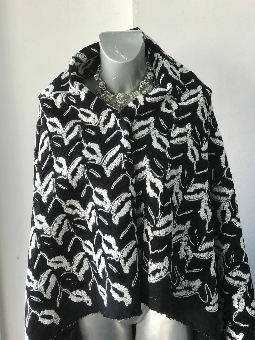 White on Black Fancy Wool Embroidery Velour Flock Cape Coat Jacket ...