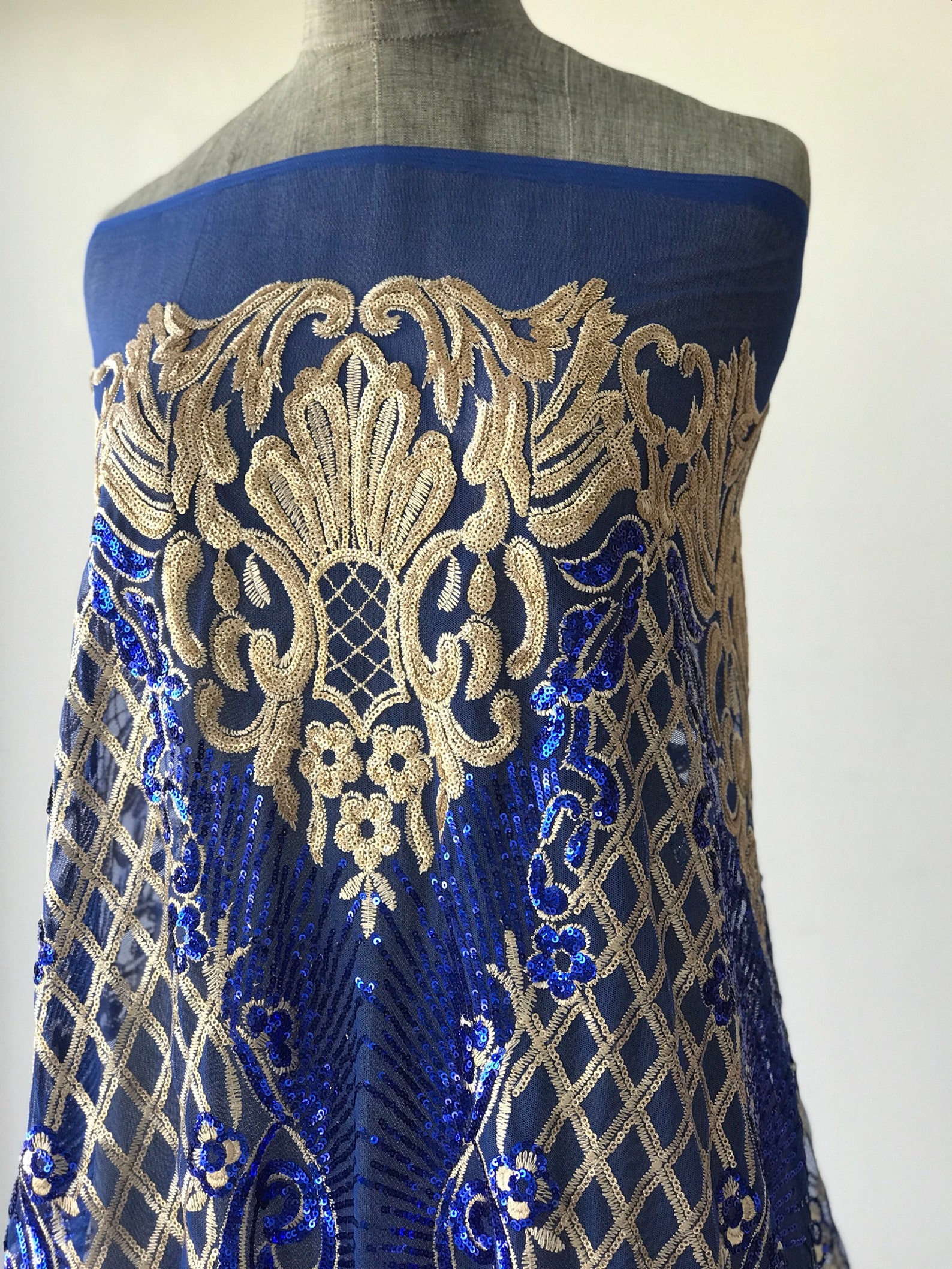 Gold on Cobalt Blue Sequins Lace Fabric Baroque Design Evening Dress ...