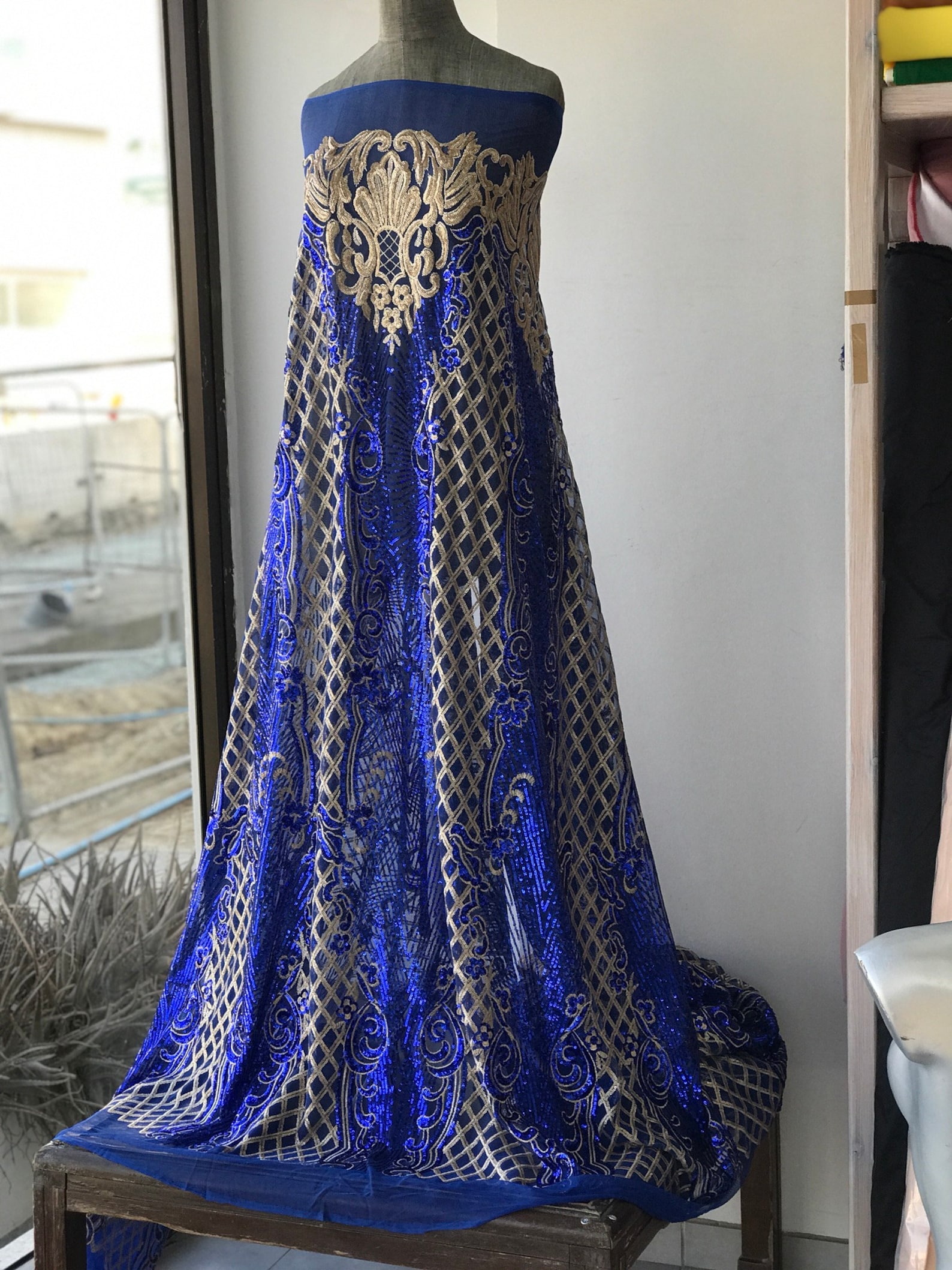 Gold on Cobalt Blue Sequins Lace Fabric Baroque Design Evening Dress ...