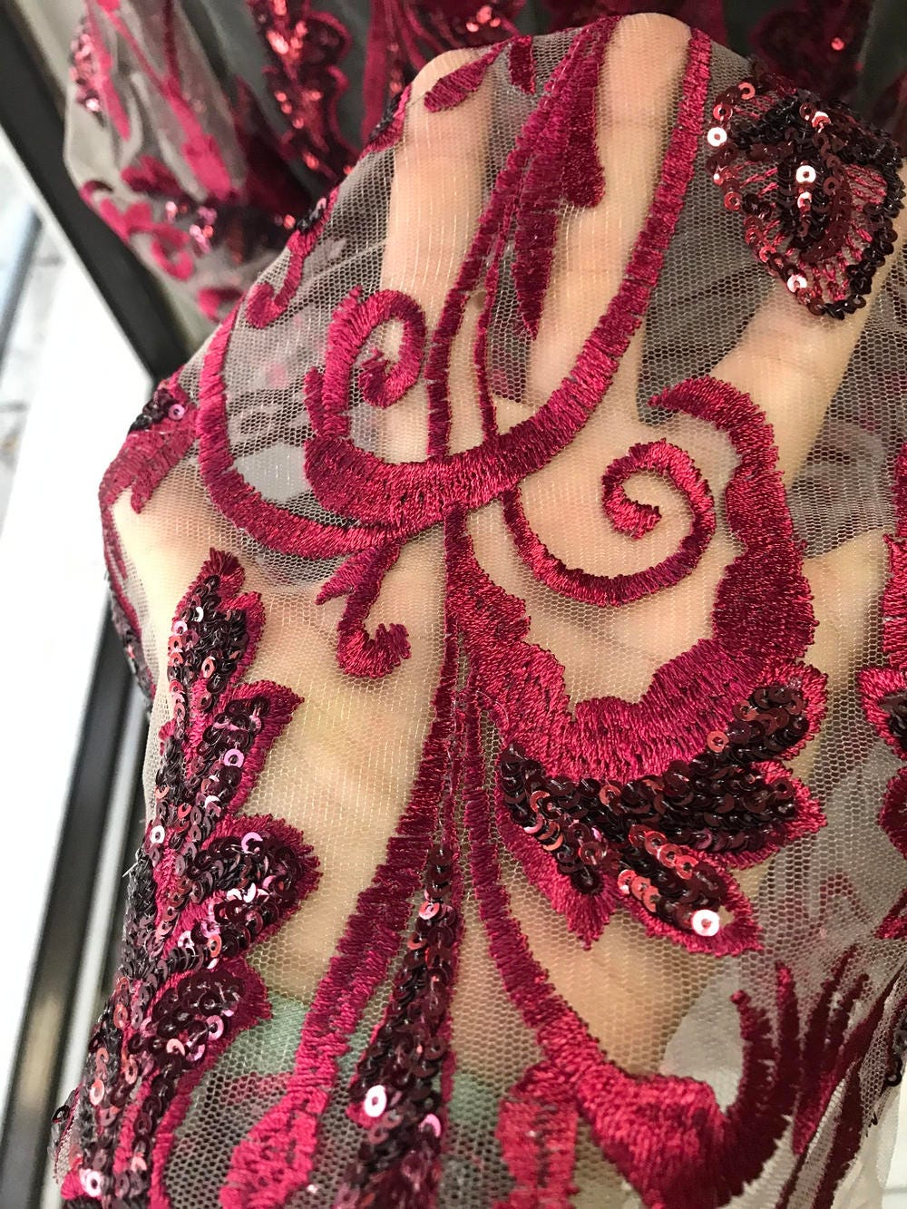 Burgundy Red Lace in Baroque Design, Burgundy Dark Red Metallic Sequins ...